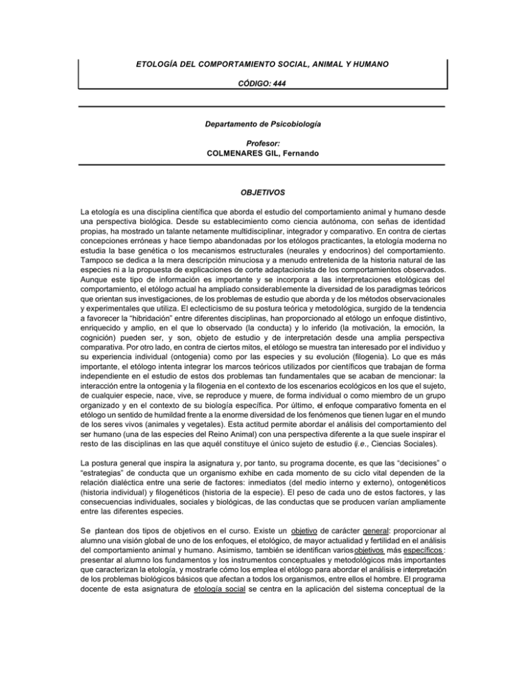 Etología del Comportamiento Social, Animal y Humano