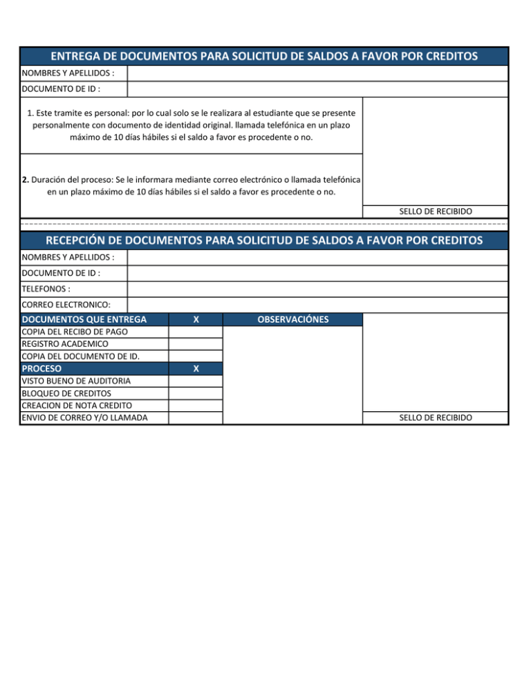 recepción de documentos para solicitud de saldos a favor por