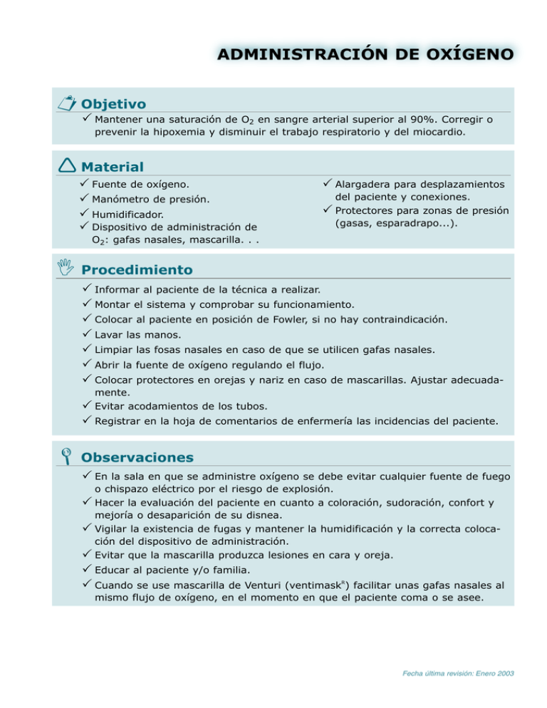 administración de oxígeno