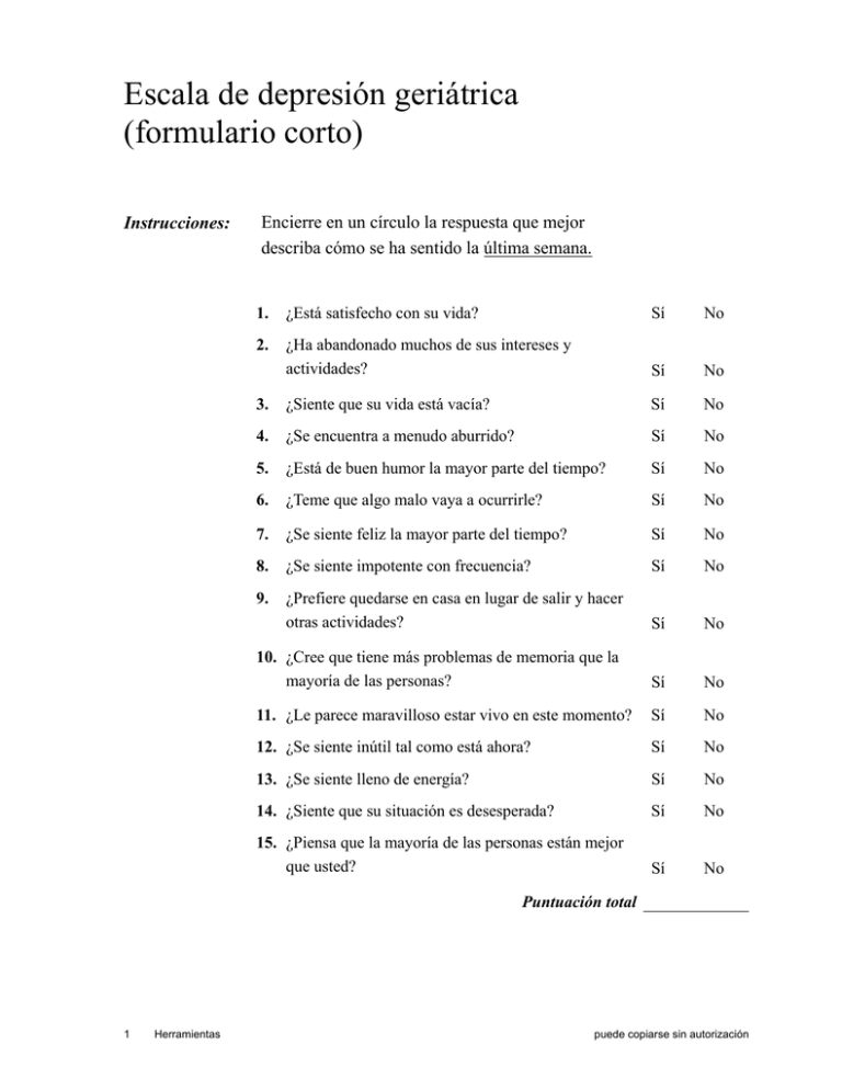 Escala de depresión geriátrica (formulario corto)