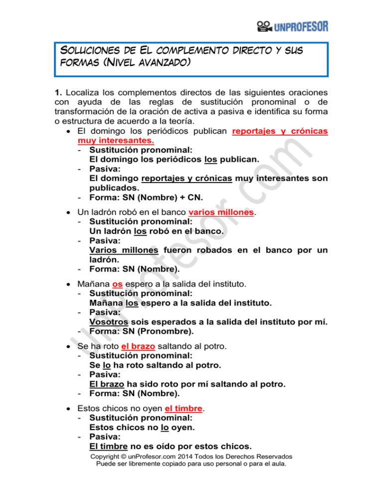 Soluciones de El complemento directo y sus formas (Nivel avanzado)