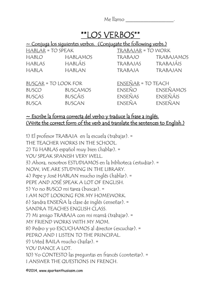 Los Verbos Answer Key