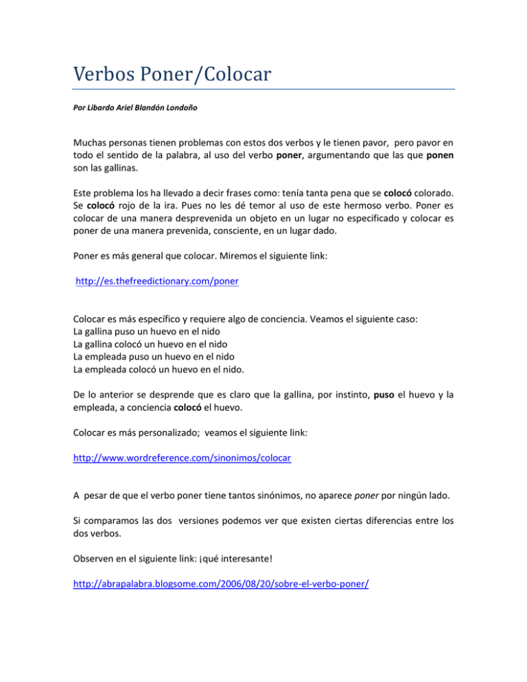 Verbos Poner/Colocar