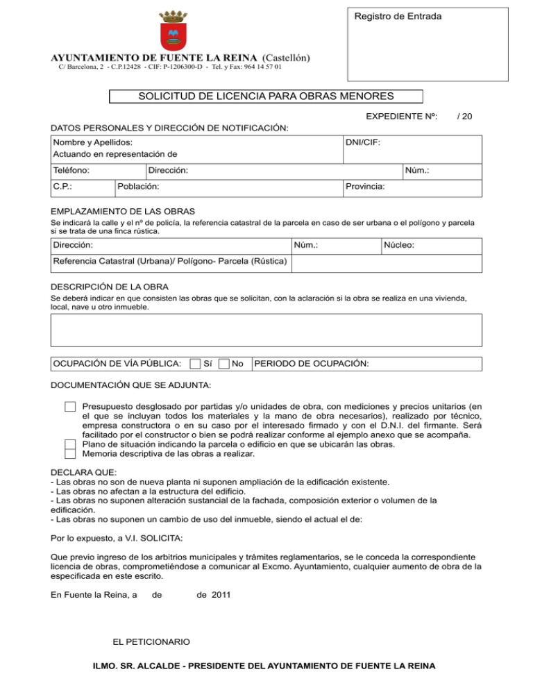Solicitud obra menor - Ajuntament de Fuente La Reina