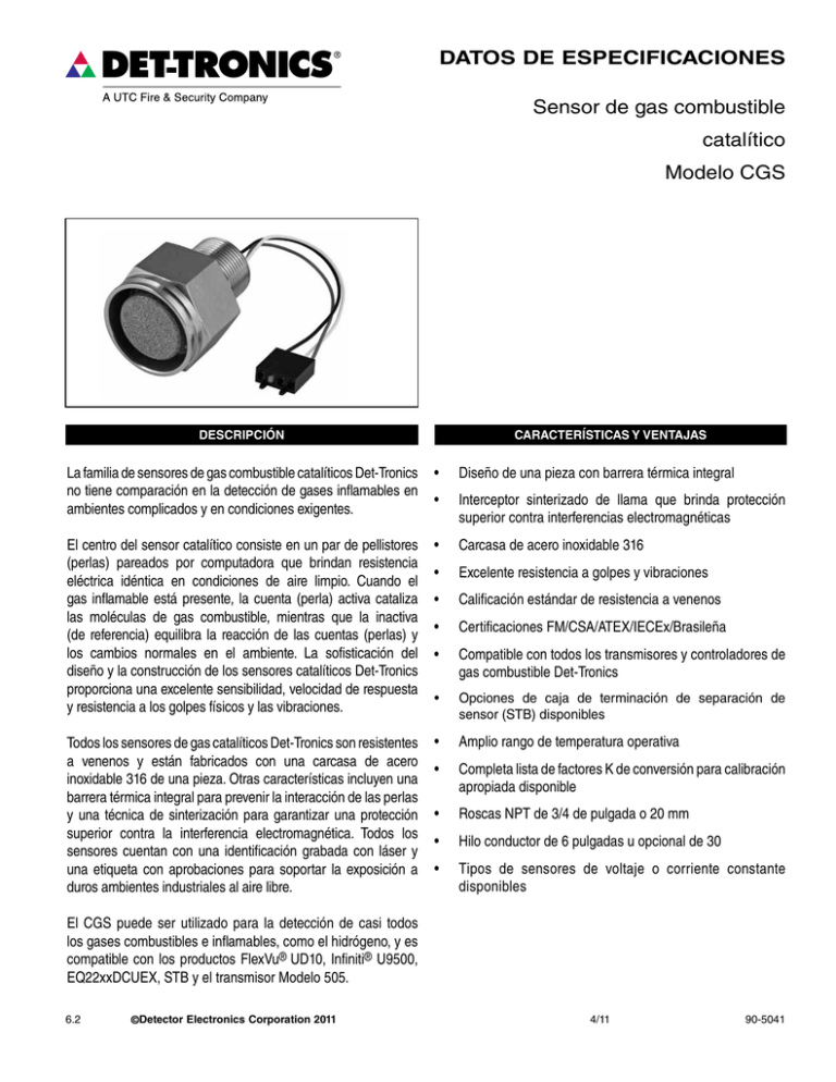 DATOS DE ESPECIFICACIONES Sensor de gas - Det