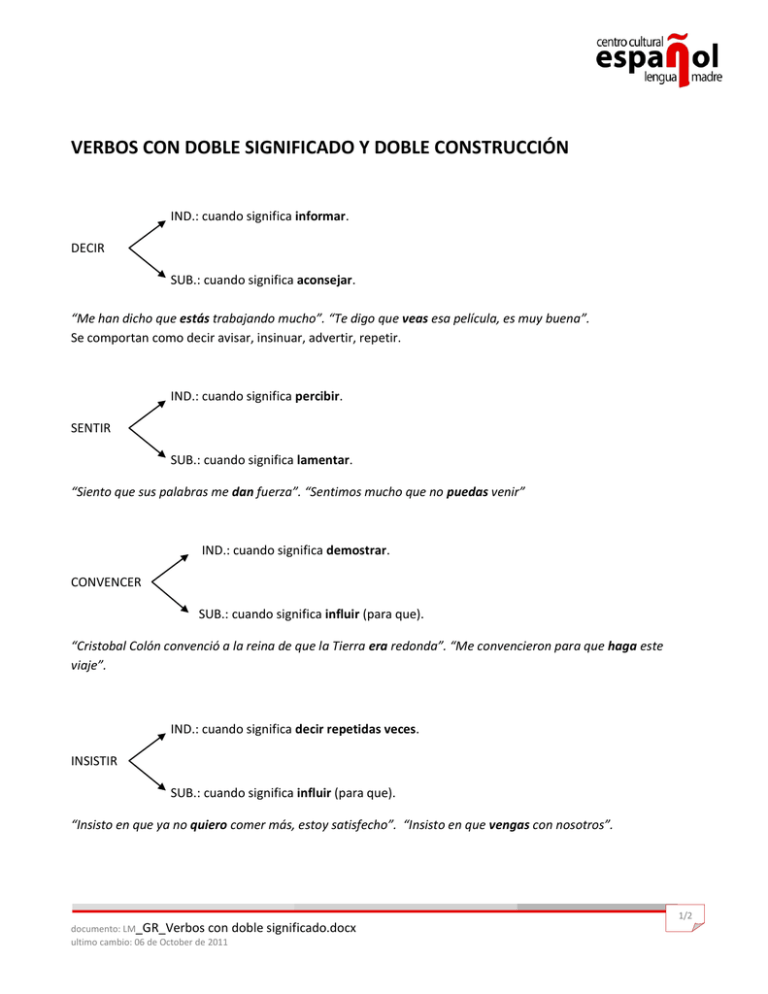 VERBOS CON DOBLE SIGNIFICADO Y DOBLE CONSTRUCCIÓN