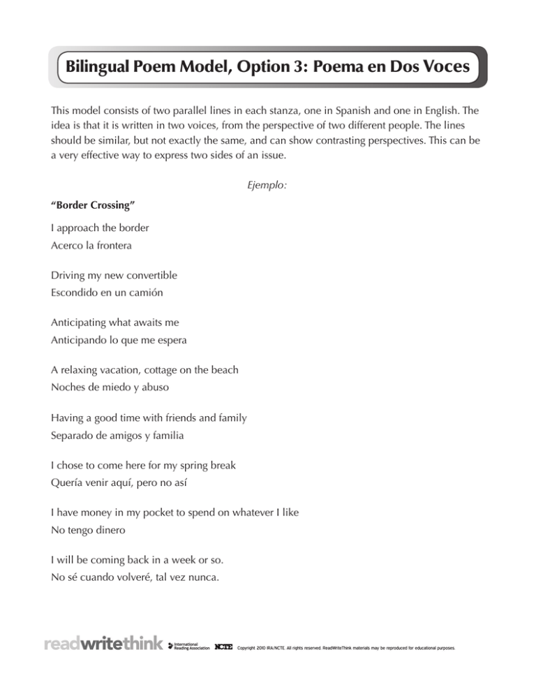 Bilingual Poem Model, Option 3: Poema en Dos Voces