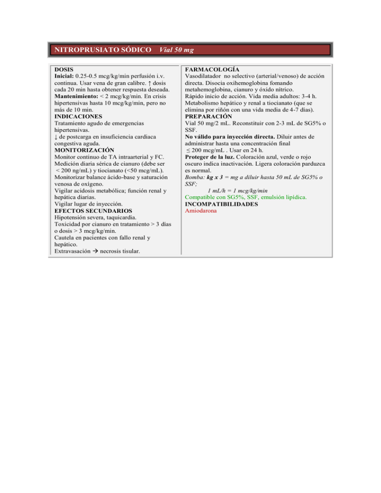NITROPRUSIATO SÓDICO Vial 50 mg