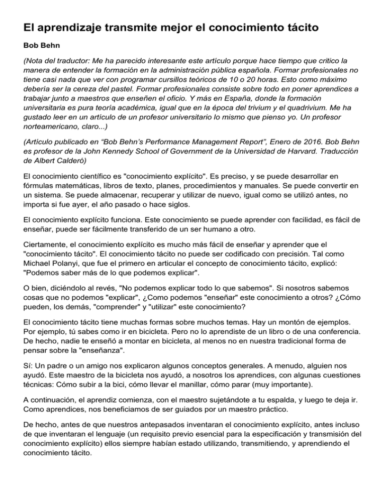 El aprendizaje transmite mejor el conocimiento tácito
