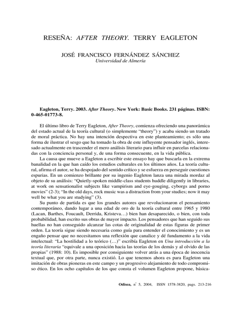RESEÑA: AFTER THEORY. TERRY EAGLETON