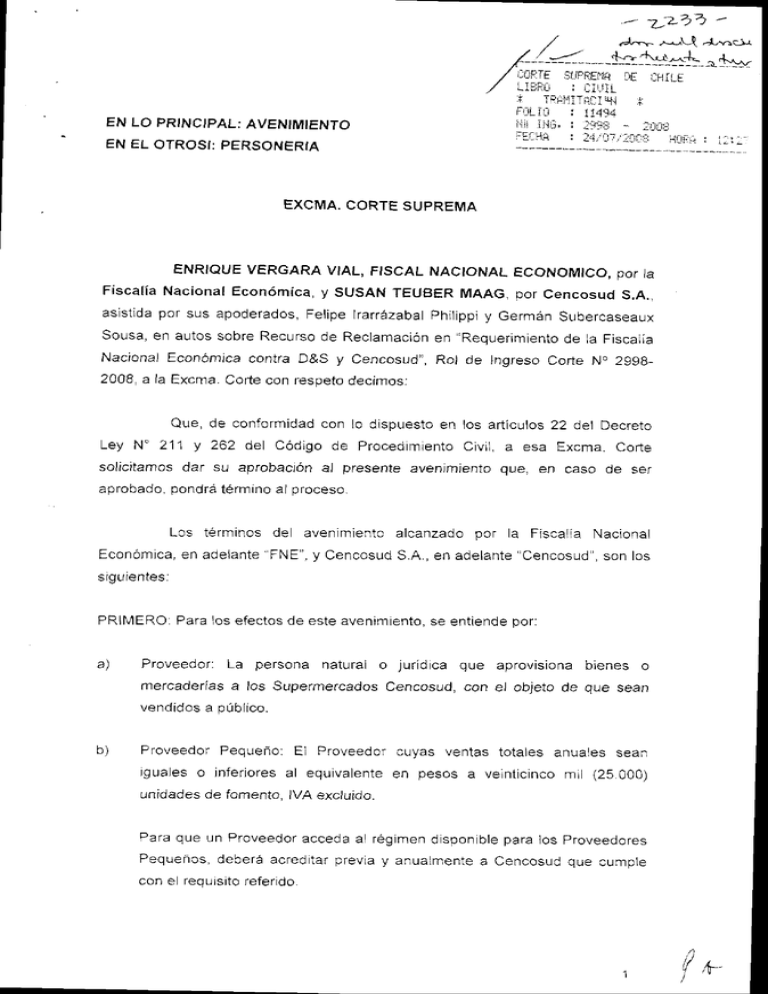 EXCMA, CORTE SUPREMA Los términos del avenimiento