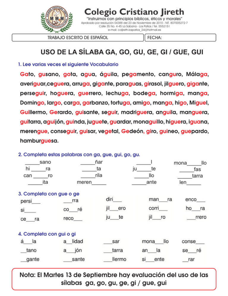 TALLER USO DE LA SÍLABA GA, GO, GU GUE, GUI