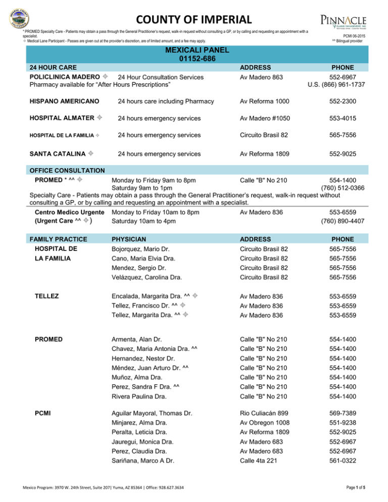 Mexicali Panel List Providers