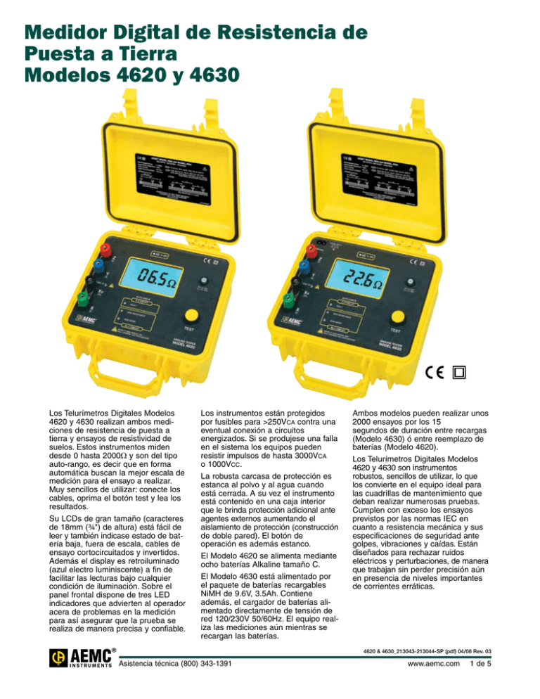 Medidor Digital de Resistencia de Puesta a Tierra Modelos 4620 y