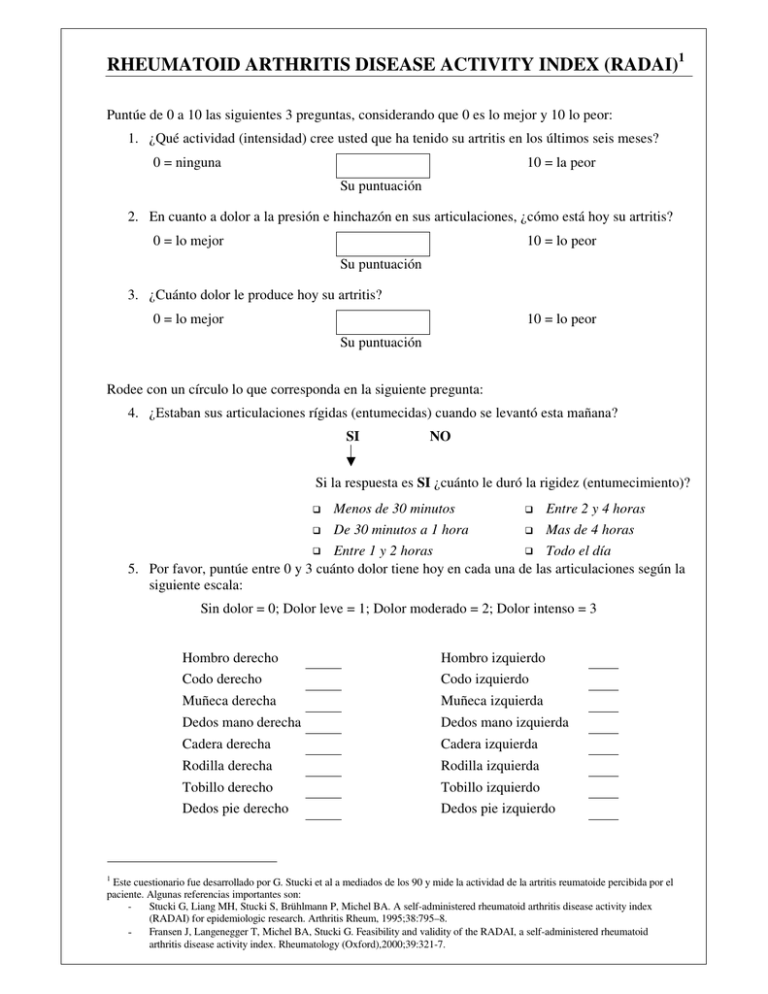 RHEUMATOID ARTHRITIS DISEASE ACTIVITY INDEX (RADAI)1
