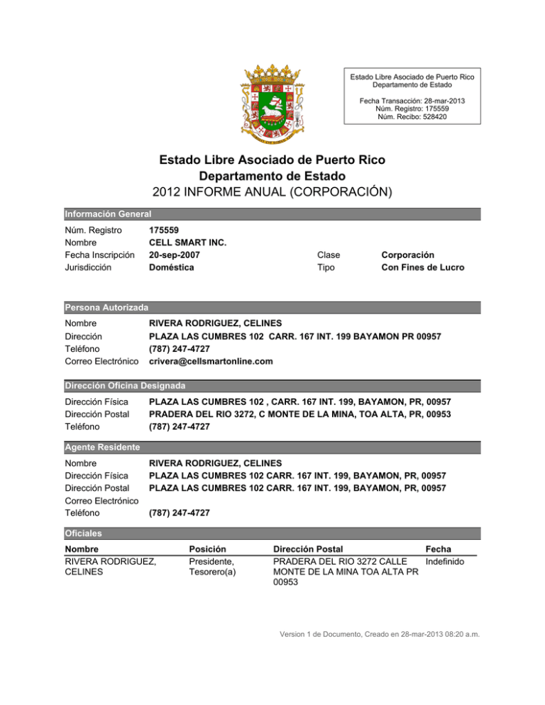 Estado Libre Asociado de Puerto Rico Departamento de Estado