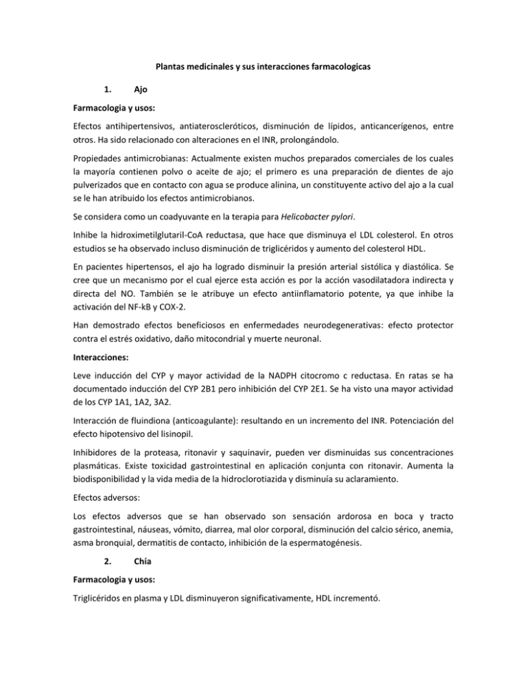 Plantas medicinales y sus interacciones farmacologicas 1. Ajo