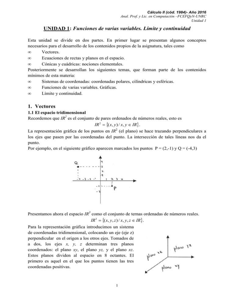 UNIDAD 1: Funciones de varias variables. Límite y continuidad 1