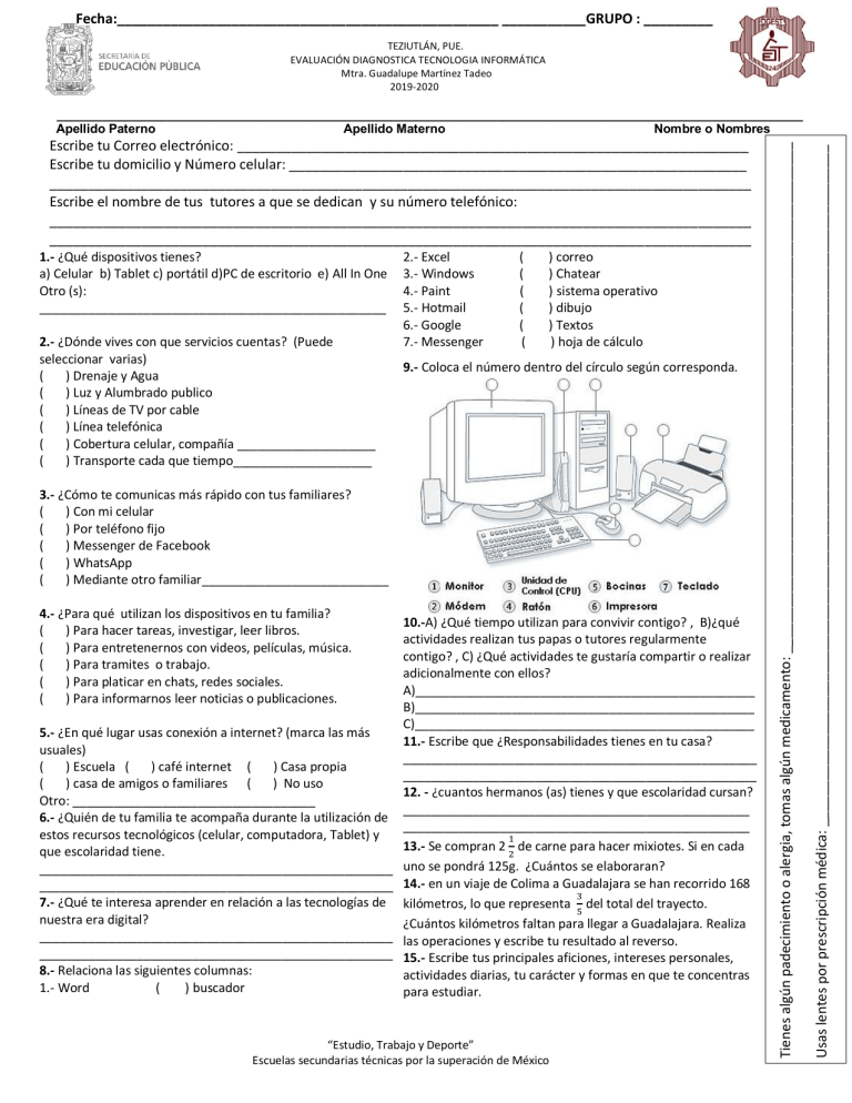 EXAMEN DIAGNOSTICO TECNOLOGIA INFORMATICA