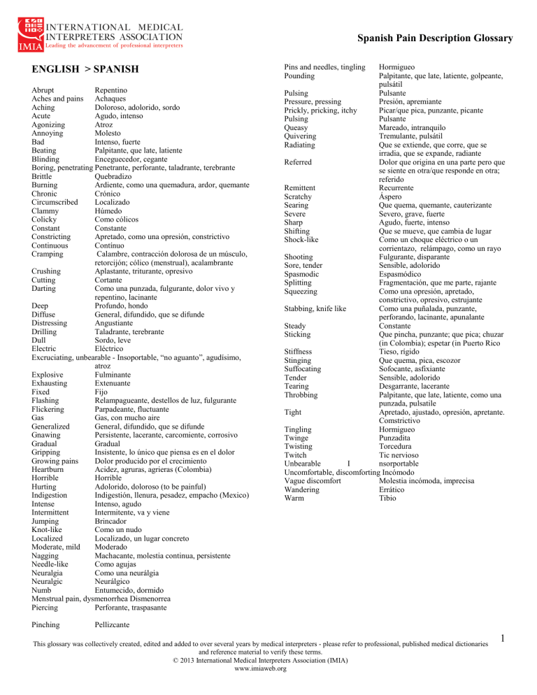 Pain Description Glossary Spanish