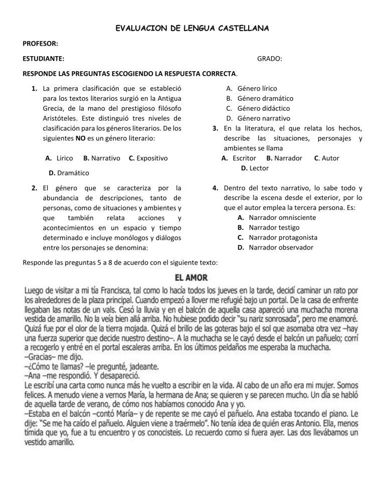 EVALUACION DE LENGUA CASTELLANA 1