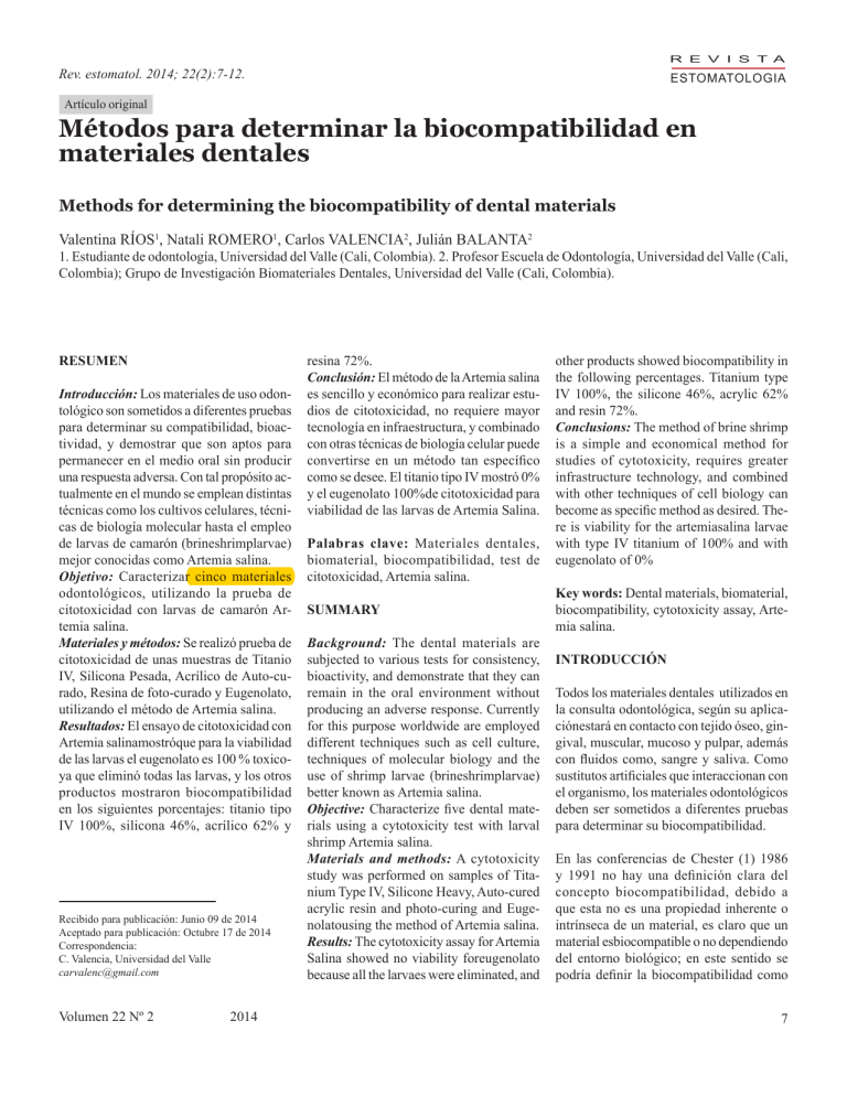 7. Metodos para determinar la biocompatibilidad en materiales dentales