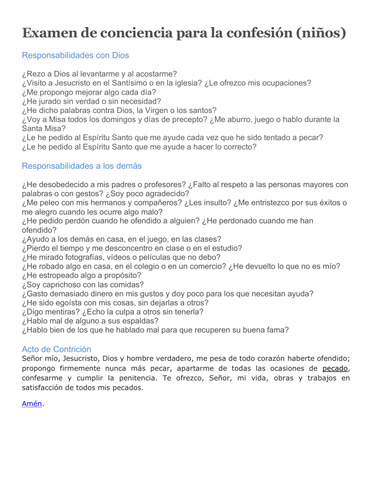Examen de conciencia para la confesión Niños y niñas